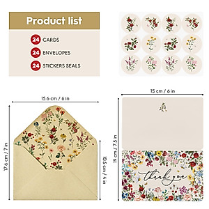 Artoid Mode 24 Pack Vintage Wildflower Thank You Cards Flower Greeting Cards Gift With Envelope Sticker Blank Note Cards for Birthday Wedding Baby Shower Bridal Shower, 4 x 6 Inch