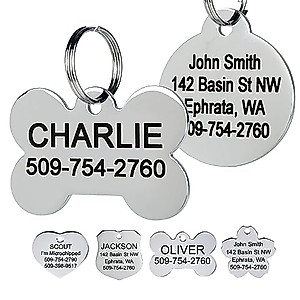 GoTags Stainless Steel Pet ID Tags, Personalized Dog Tags and Cat Tags, up to 8 Lines of Custom Text, Engraved on Both Sides, in Bone, Round, Heart, Bow Tie and More