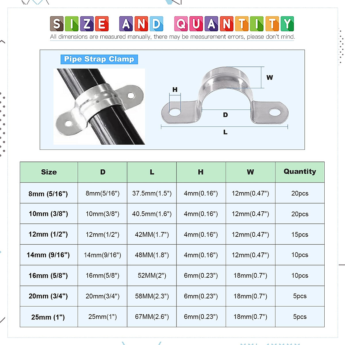 Glarks 85Pcs Pipe Strap Clamp Set M8 M10 M12 M14 M16 M20 M25 304 Stainless Steel Two Hole Strap Heavy Duty Rigid Pipe Strap U Bracket Tube Strap Assortment Kit For Pipe Tube Fixing