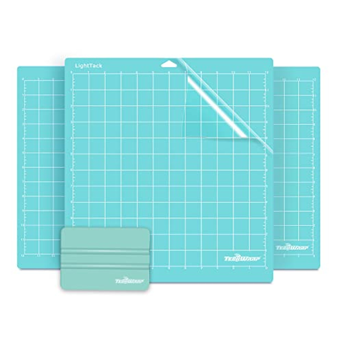 TECKWRAP Light Grip Adhesive Cutting Mat 3 Pack 12"x12" - For Explore/Maker/Silhouette Cameo4 with 1 Squeegee Vinyl Scraper Quilting Cut Mats Replacement for Arts & Crafts Projects - Blue