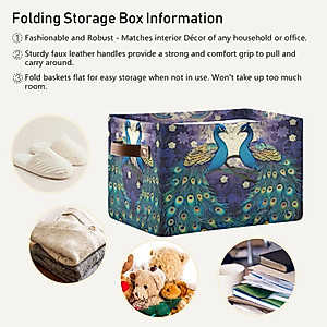 xigua Peacocks Pattern Storage Bins Foldable Canvas Fabric Storage Basket with Handles for Organizing, Large Storage Baskets for Shelves Closet
