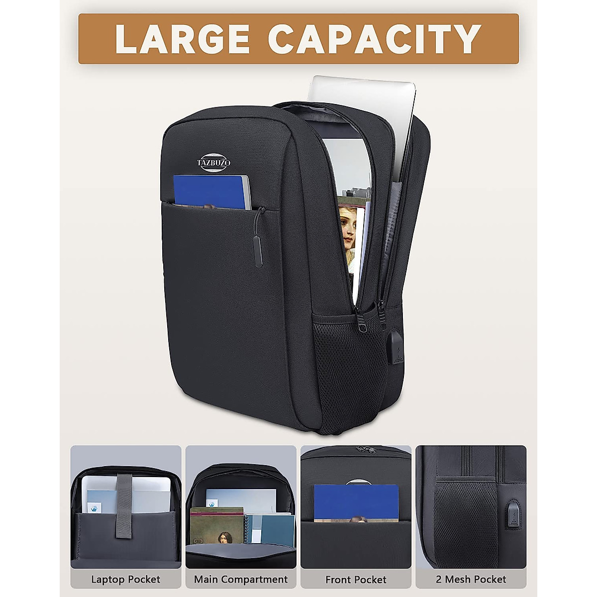 Laptop Backpack 15.6 Inch, Business Durable Lightweight Slim Laptop Tablet Backpack Airline Approved with USB Charging Port, College School Computer Work Bag Bookbag Tech Gifts for Men Women, Black