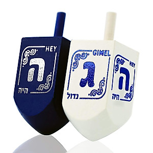 Izzy 'n' Dizzy Hanukkah Dreidels - Extra Large Blue and White Wooden Dreidel - 2 Pack