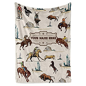 Personalized Cowboy Blanket for Boys, Cute Custom Name Throw for Kids, Classic Western Theme, Soft and Plush, Newborn or Birthday Gift, (Fleece 50x60)
