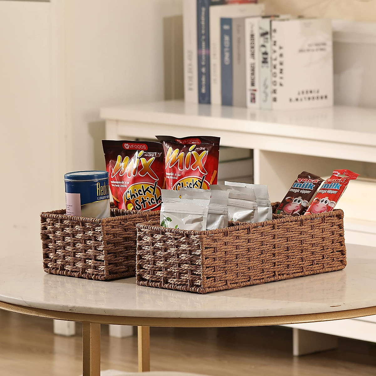 Vagusicc 3-Section Wicker Storage Baskets, Hand-Woven Paper Rope Toilet Tank Basket, Wicker Baskets for Organizing, Woven Baskets for Storage, 2-Pack, Brown