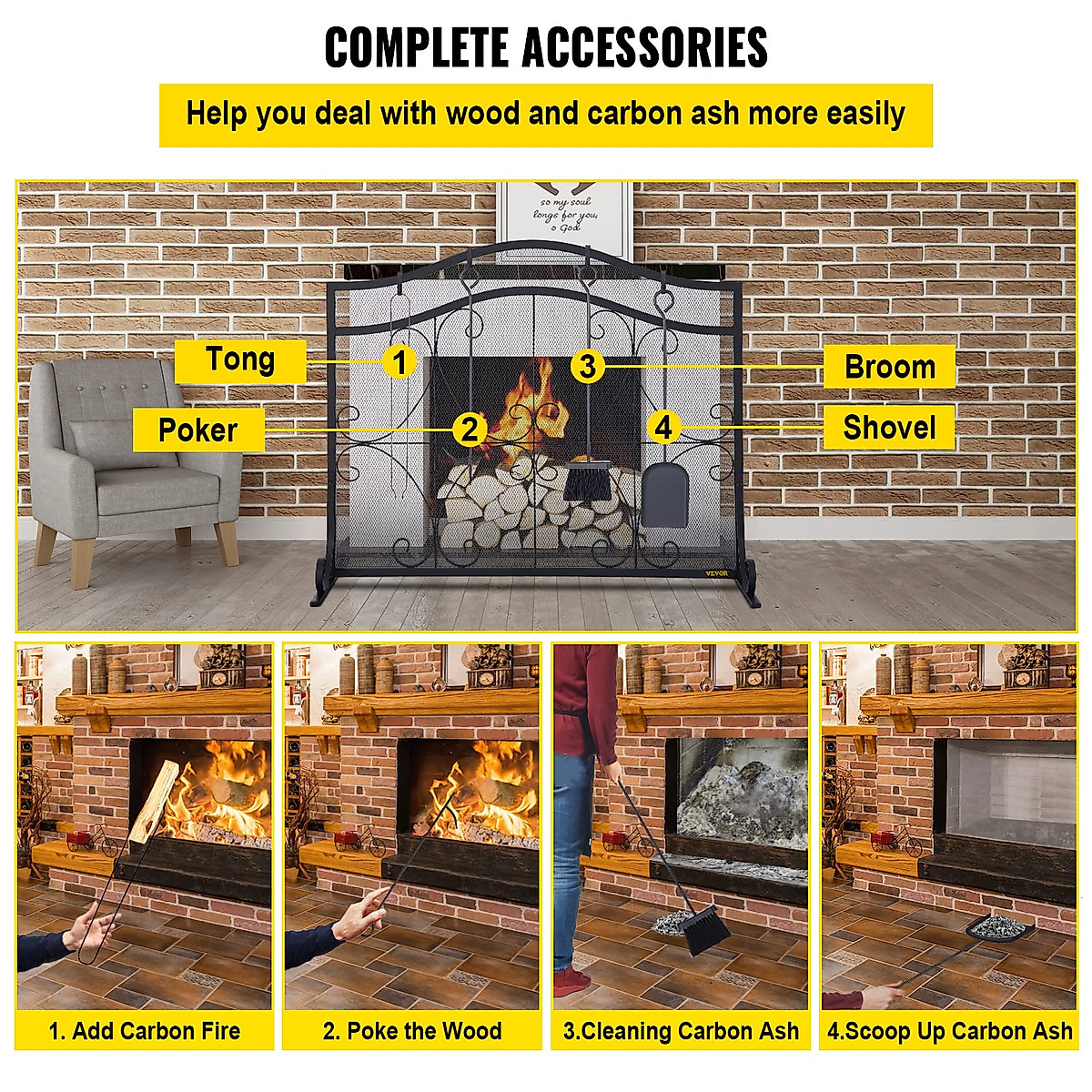 VEVOR Fireplace Screen, 39 x 31 Inch, Double Door Iron Freestanding Spark Guard with Support, Metal Mesh Craft, Broom Tong Shovel Poker Included for Fireplace Decoration & Protection, Black