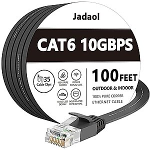 Cat 6 Ethernet Cable 100 ft, Outdoor&Indoor, 10Gbps Support Cat8 Cat7 Network, long Flat Internet LAN Patch Cord, Cat6 Solid Fast Speed weatherproof Cable for Router, Modem, PS4/5, Xbox, Gaming, Black