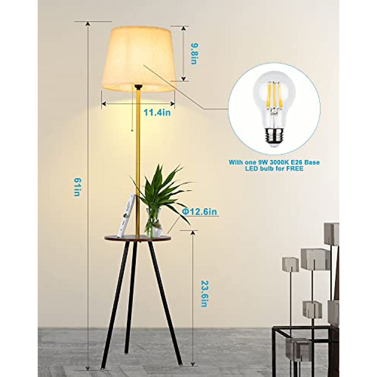 Floor Lamp with Shelves,Round Shelf Floor Lamps with E26 LED Bulb,Foot Switch Storage Wood Texture Modern Floor Lamp with Linen Shade,Display Standing Lamp for Living Room, Bedroom-Wooden