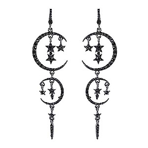JACKBEGTA Moon and Star Drop Earrings Exaggerated Fashion Long Drop Dangle Stud Drop Earrings for Women,Black