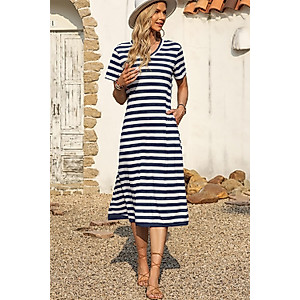 MARZXIN Women 2025 Casual Maxi Dress Short Sleeve V Neck Stripe Sundress Split Loose Long Summer Tshirt Activewear Dress Blue XL