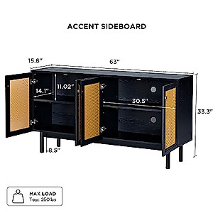 AMERLIFE 63'' Sideboard Buffets Cabinet, 2-Adjustable Shelves Storage Cabinet & 4 Doors, Large Accent Storage Credenzas for Living Room, Dining Room, Bedroom, Black,CBS002 102A
