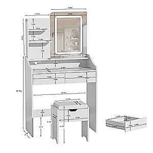 Vabches Vanity Desk with LED Light Mirror and Charging Station, Small Cute Vanity Set with 4 Storage Shelves 2 Drawers, Vanity for Girls Women with Storage Stool, Vanity Table for Bedroom (White)
