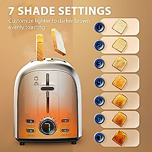 Toaster 2 Slice, Extra Wide Slot Bread Toaster with 7 Shade Settings & Removable Crumb Tray, Stainless Steel 2 Slice Toaster with Bagel Defrost Reheat Cancel Function and LED Display 850W 120V