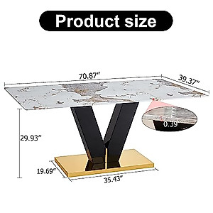 78’’ Modern Glass Dining Table for 8, Large Rectangular Dining Room Table with V-Shaped Bracket and Metal Base, Minimalist Kitchen Table for Restaurant, Meeting Room, Marble-Inspired Glass Desktop