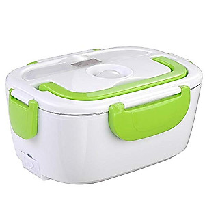 Electric Lunch Box for Car and Home 110V & 12V 40W - Removable Stainless Steel Portable Food Grade Material Warmer Heater - with 2 in 1 Fork & Spoon (Green)
