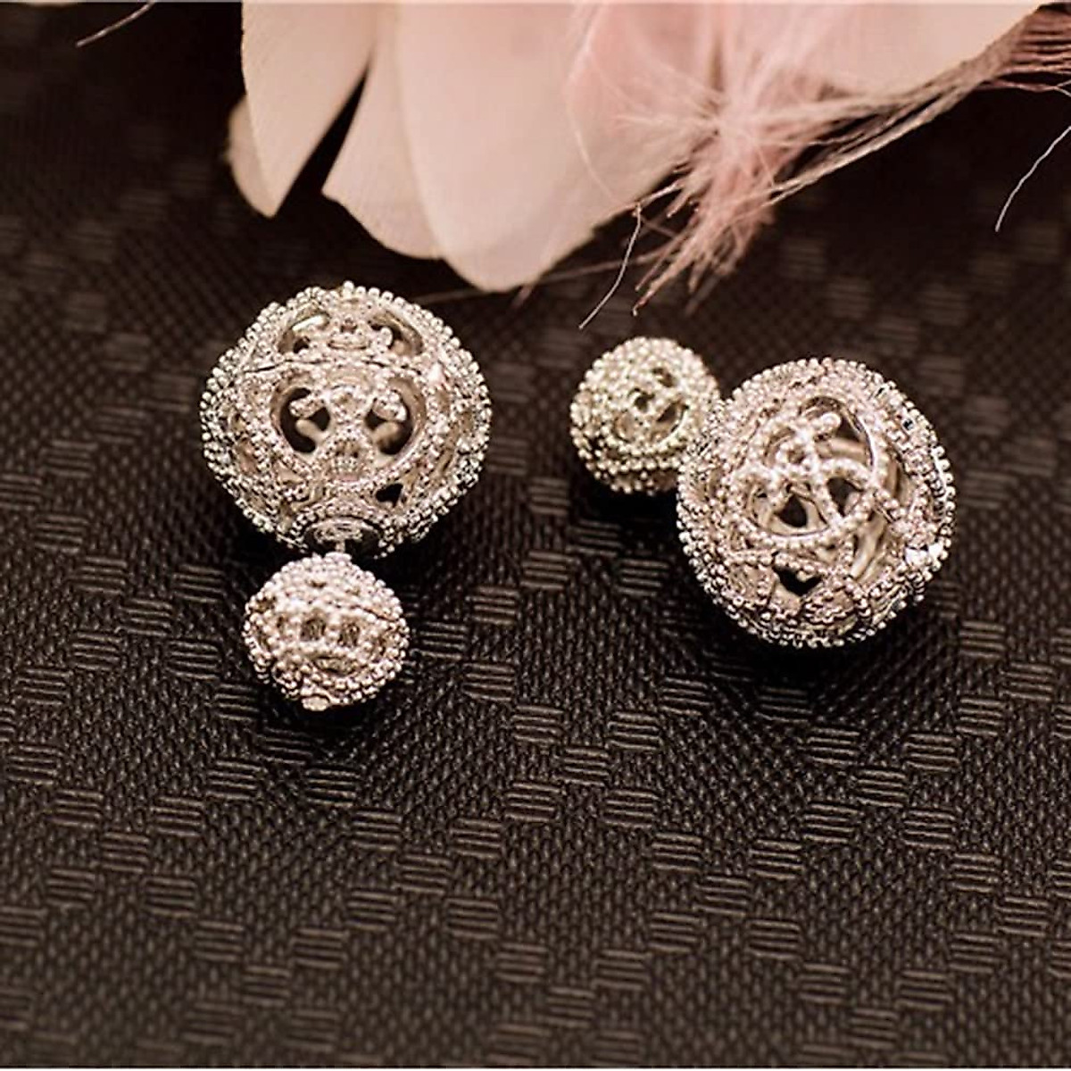Ajojewel Double Sided Stud Earrings Balls Women Rhinestone Earing Fashion Jewelry (White Gold Plated)