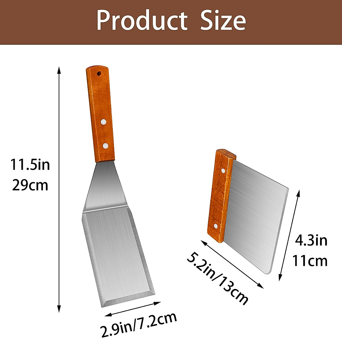 KLAQQED Spatula, Metal Spatulas Set, Stainless Steel Spatula, Fish Spatula Turner Cooking BBQ Grill Griddle Spatula, Metal Spatula for Cast Iron Skillet, Small Wide Kitchen Spatulas ​with Wood Handle