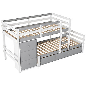 Harper & Bright Designs Twin Over Twin Bunk Bed with 6 Drawers, Solid Wood Bunk Beds with Ladder, Safety Rail for Kids, Boys and Girls, Teens, No Box Spring Needed (Natural)