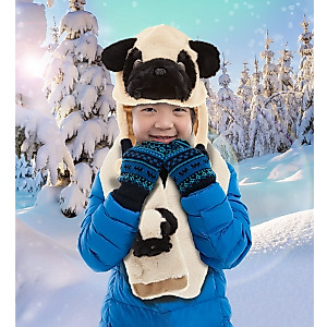 DolliBu Pug Dog Plush Hat and Scarf Set – Super Soft Pug Dog Stuffed Animal on Hat and Scarf, Cozy Winter and Snow Accessories for Kids and Adults–One Size