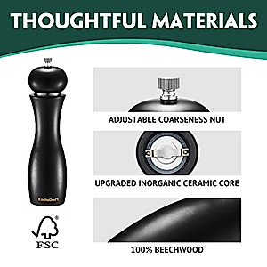 KucheCraft Wooden Pepper Grinder Refillable - Premium Beech Wood Pepper Mill Grinder with Adjustable Ceramic Grinder - 8 In Manual Matte Black Peppermill