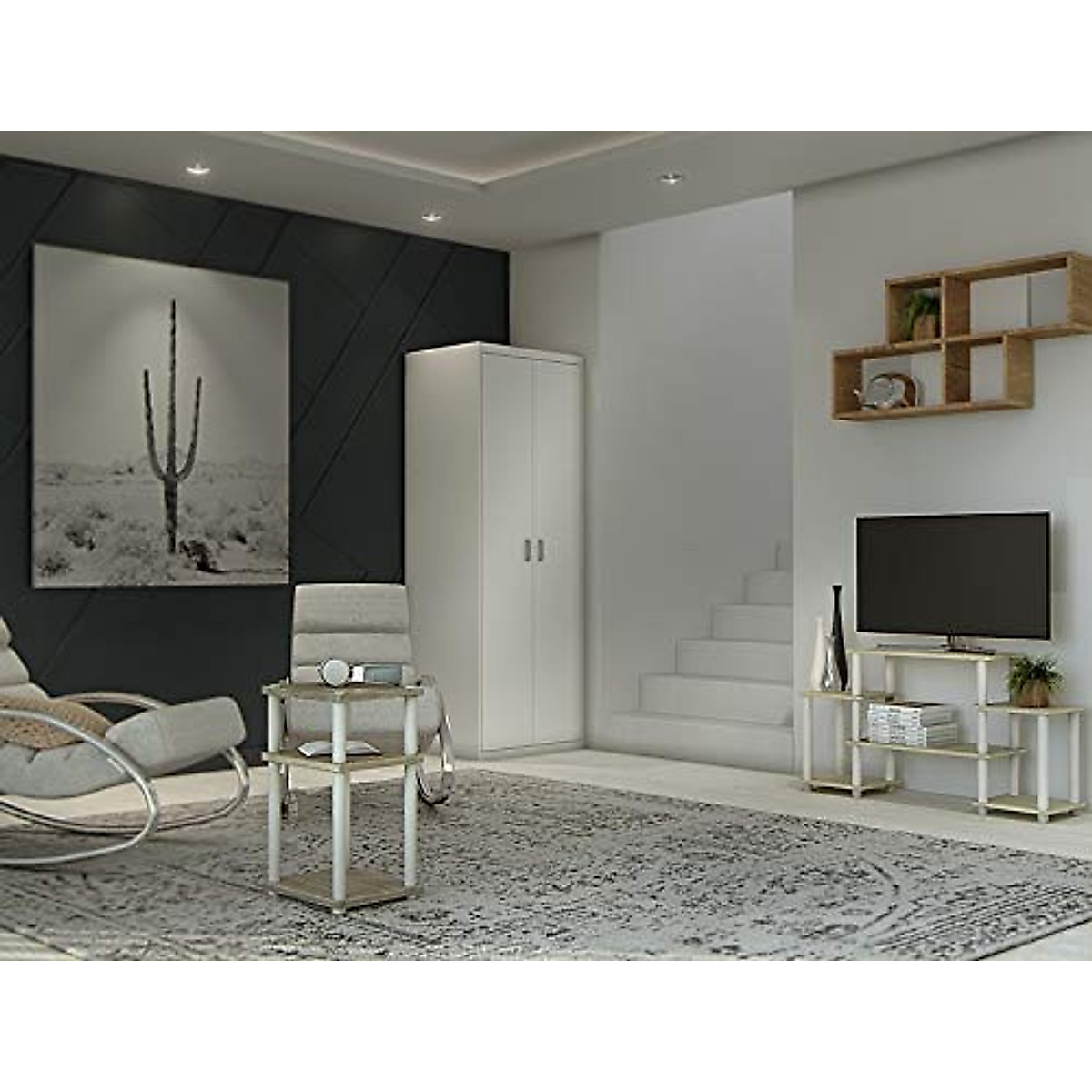 Furinno Just 3-Tier Turn-N-Tube End Table / Side Table / Night Stand / Bedside Table with Plastic Poles, 1-Pack, Sonoma Oak/White