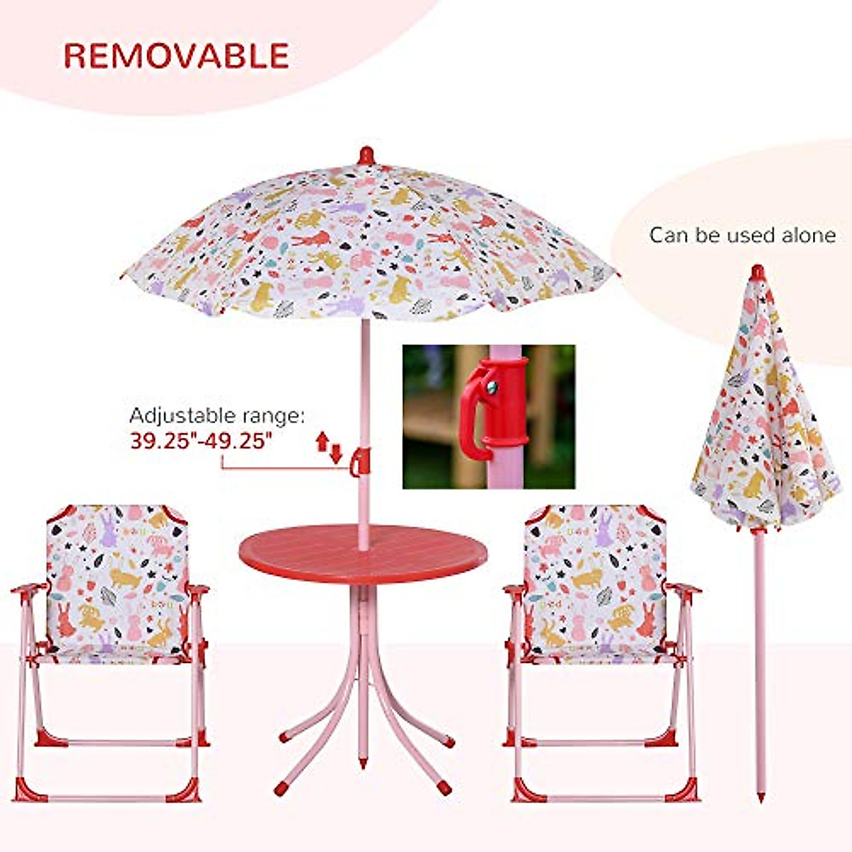 Outsunny Kids Folding Picnic Table and Chairs Set Rabbit Pattern for Outdoor Garden Patio Backyard with Removable & Height Adjustable Sun Umbrella, Red