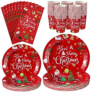 Tioncy 200Pcs Christmas Party Supplies Tableware Set Include 100 9 Inch and 7 Inch Christmas Paper Plates 50 9oz Cups 50 Holiday Lunch Napkin Disposable Christmas Plates Dinnerware Set (Classic Style)