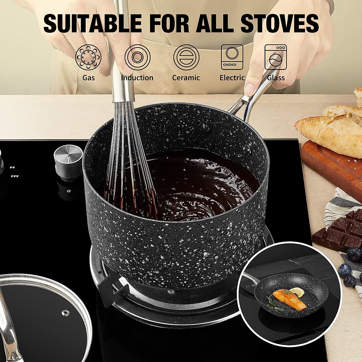 HLFRG Saucepan Set with Lid, Nonstick 2Qt & 3Qt Sauce Pan Set with Lid, Small Pot with Lid, Natural Granite Nonstick Saucepan Set, Small Sauce Pots, Black Pot Set - 2Qt & 3Qt