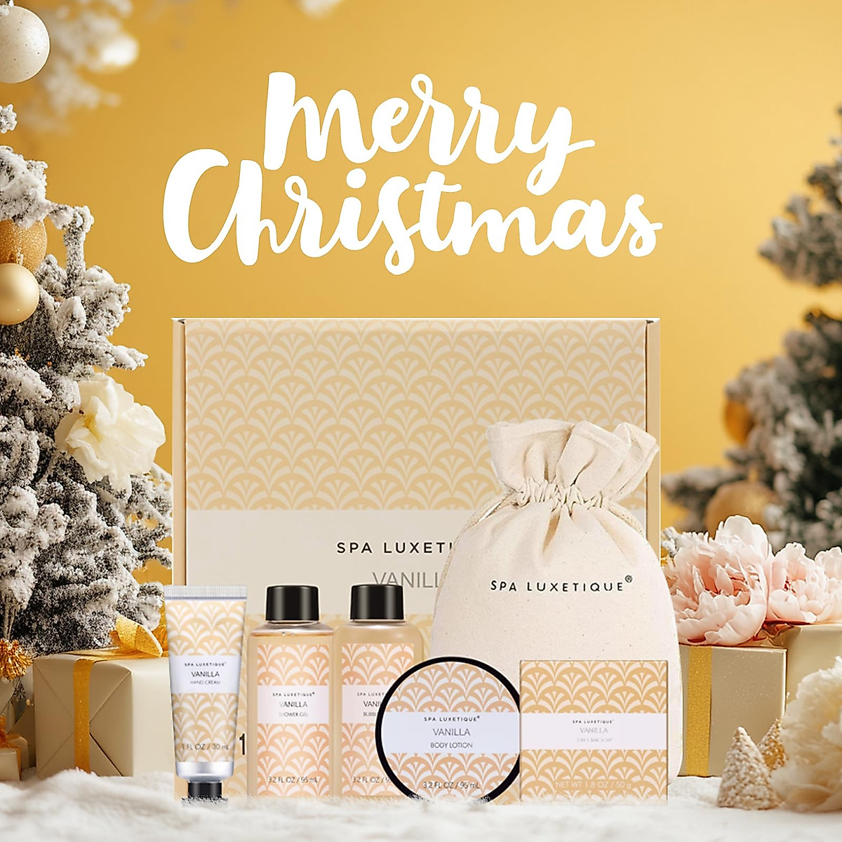 Spa Luxetique Spa Gifts for Women 6pc Vanilla Bath Sets Women Gift With Body Lotion, Shower Gel, Bubble Bath, Hand Cream, Bath and Body Gifts Set, Valentines Day Gifts for Her, Bath Gifts for Women