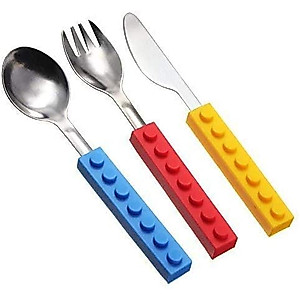 Toddler Utensils and Brick Toys - Set of 3 Interlocking Block Kids Silverware - Toddler Fork and Spoon Set with Toddler Knife for Kids - Non-BPA Kids Cutlery and Kid Safe Stainless Steel Silverware