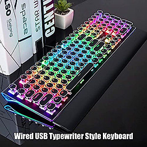 RK ROYAL KLUDGE S108 Typewriter Style Retro Mechanical Gaming Keyboard Wired with True RGB Backlit Collapsible Wrist Rest 108-Key Blue Switches Round Keycap - Black