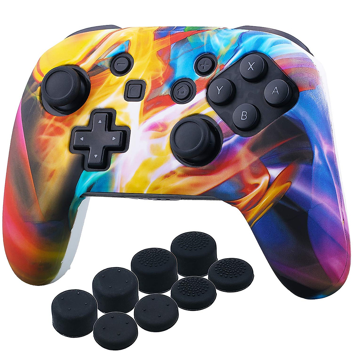 YoRHa Studded Silicone Transfer Print Cover Skin Case ONLY for Nitendo Official Switch Pro Controller x 1(Colourful Stream) with Pro Thumb Grips x 8