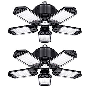 New Upgraded LED Garage Light, 6500K Ultra Bright 128 LED Shop Light with 5 Adjustable Panels, 120W LED Deformable Garage Ceiling Lights with E26 & E27 Screw Socket, for Garage, Workshop,2 Pack