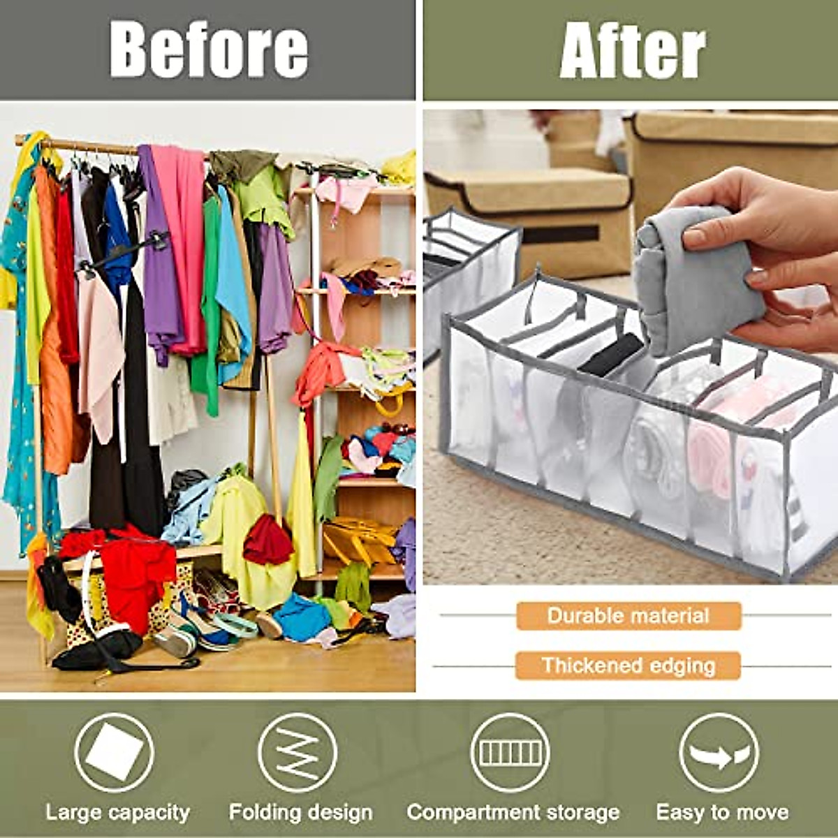 9 Pcs Underwear Drawer Organizer Foldable Closet Clothes Divider Nylon Wardrobe Clothes Organizer Closet Clothing Organizer Clothing Compartment Storage Box for Bra Sock Underwear Jean, 6/7/11 Grids