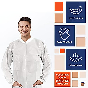 EZGOODZ White Disposable Lab Coat Small, Pack of 10 Unisex Disposable Lab Coats for Adults, SPP 45 GSM Painting Lab Coat Disposable, Plastic Lab Coats with Snaps Front, Knit Cuffs, Collar, 3 Pockets
