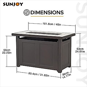 Sunjoy 40" Propane Fire Pit for Outside Rectangular Ceramic Tile Table Top Gas Smokeless Fire Pits Table with Lid and Lava Rocks
