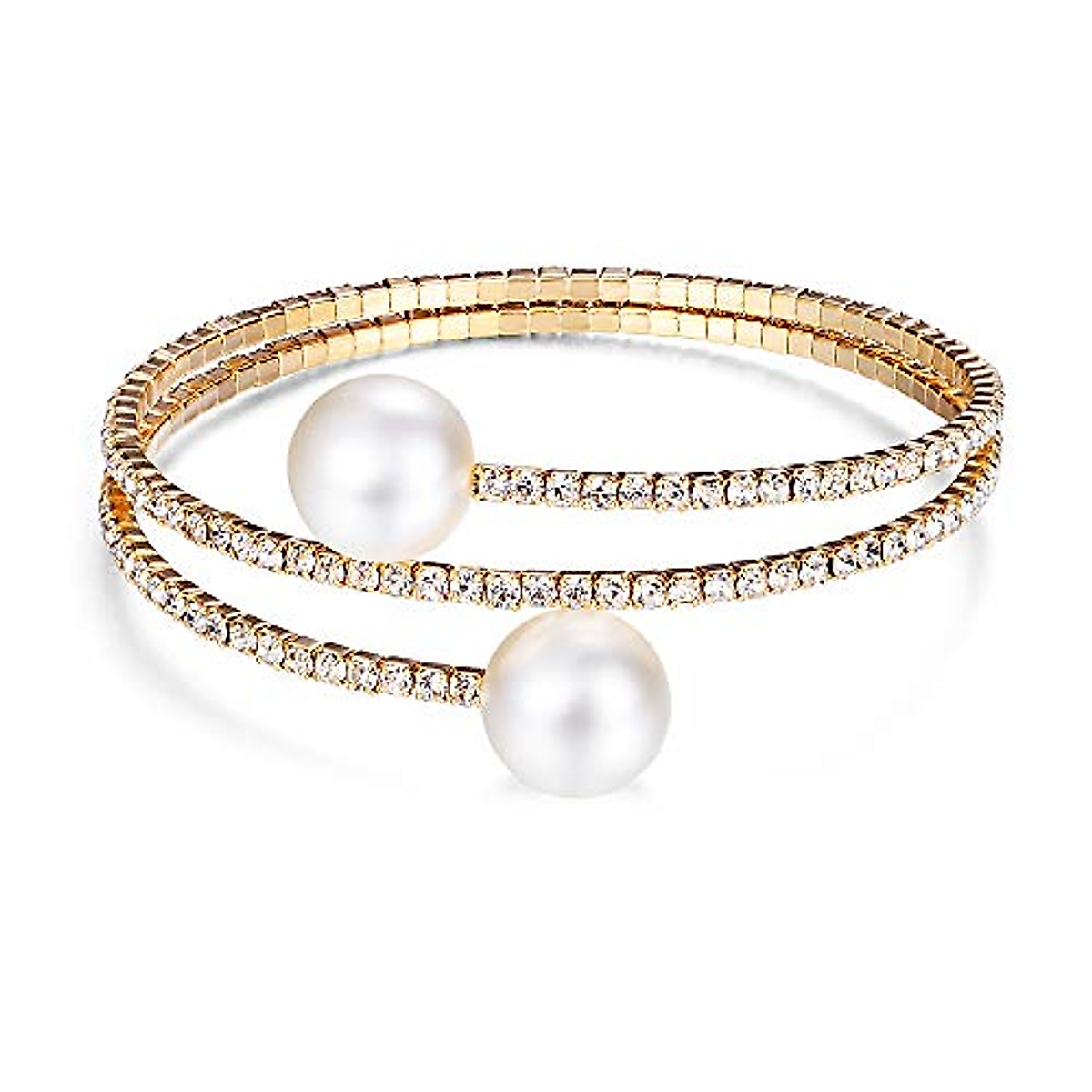 Handmade Crystal Pearl Elastic Bangle Gold Silver Multilayer Freshwater Pearl Bracelet Sparkling Stackable Crystal Bracelets for Women Wedding Jewelry