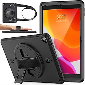 SEYMAC stock Case for iPad 9th/ 8th/ 7th Generation 10.2 Inch 2021/2020/ 2019, Full-Body Case with 360 Rotating Stand & Hand Strap [Pen Holder] [Screen Protector] - Black