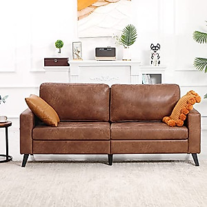 YODOLLA Leather Sofa Couch, Faux Leather Couch 79" Wide, Mid Century Modern Couches for Living Room, Brown Leather Sofa Couch, Saddle Brown