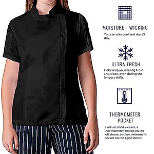 Lazzar Women's Chef Coat | Short Sleeves | Dryfit, Lightweight | Concealed Zipper With Flap | Thermometer & Instrument Pockets (Black, Large)