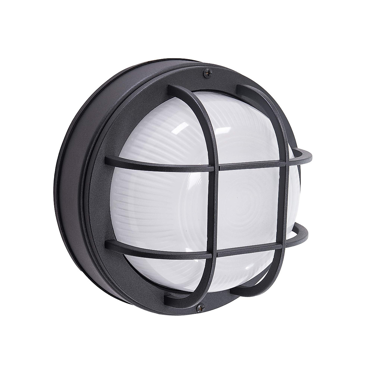 CORAMDEO Outdoor 8” Round LED Nautical Bulkhead Light, Flush Mount for Wall or Ceiling, Wet Location, 75W of Light, 900 Lumens, 3K, Black Cast Aluminum with Frosted Glass Lens