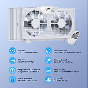 shinic Twin Window Fan with Remote, 9-Inch Blades Reversible Airflow, Thermostat Control, 3 Speeds, 3 Functions, 23.8"-37" Expandable Width, Window Exchaust Fans for Home Bedroom, ETL Certified