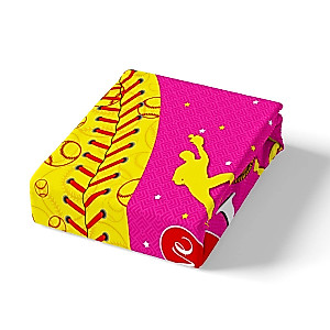 Softball Player Bedding Set Twin Size Sports Softball Bed Set for Girls Teens Bedroom Decor Kids Yellow and Pink Fitted Sheet Soft Microfiber Gaming Bed Cover(1 Fitted Sheet+1 Pillow Case)