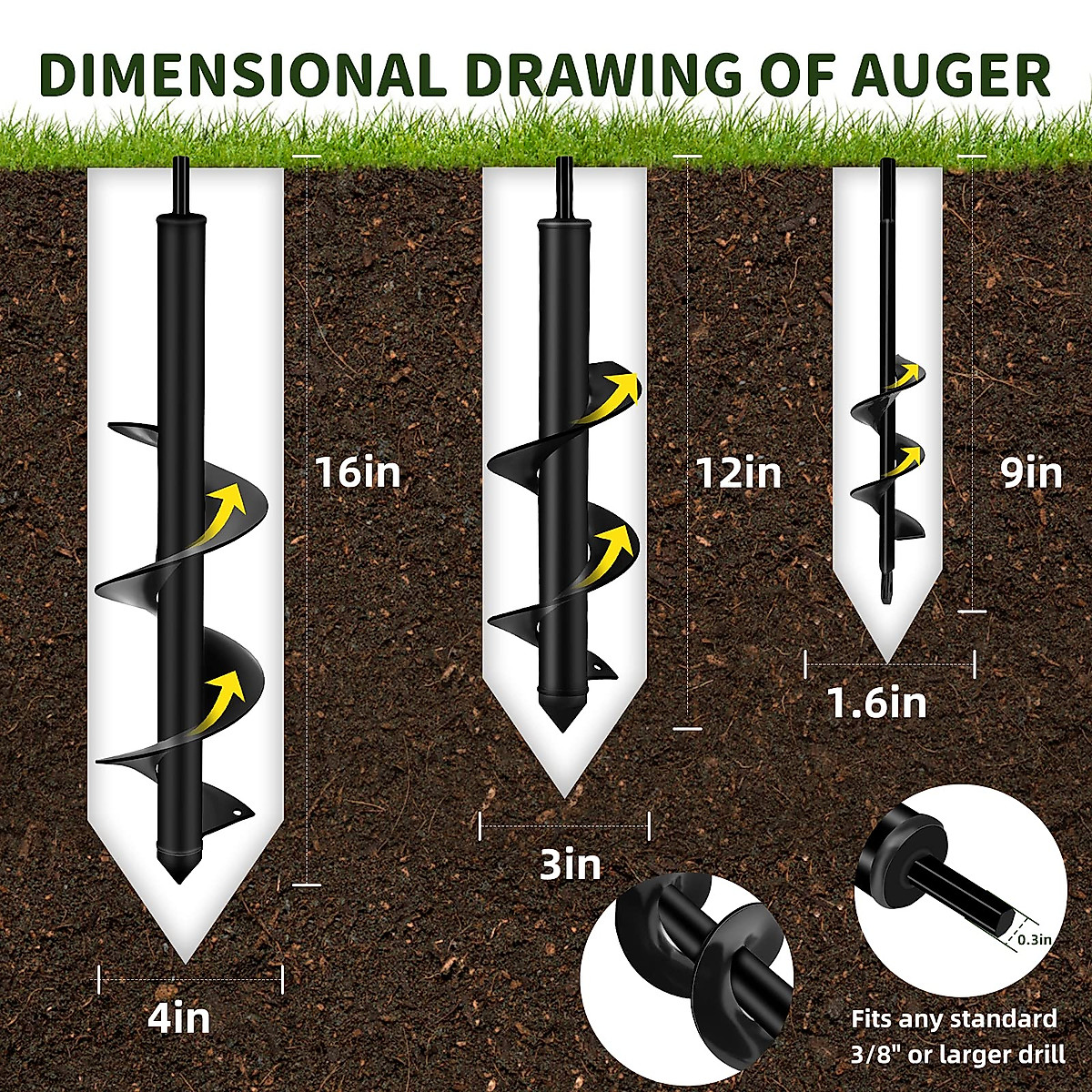 Auger Spiral Drill Bit for Planting Bulb Flower & Bedding, Garden Plant Auger, Upright or Umbrella Hole Diggers, Includes 3 Heavy Duty Cast Aluminum Garden Hand Shovels (6 Pieces)
