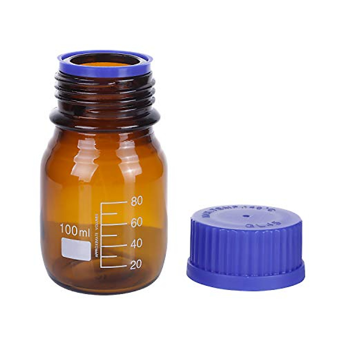 Pastein 20 Pieces Amber Glass 100 mL Graduated Round Lab Reagent Media/Storage Bottle With GL45 Blue Screw Cap
