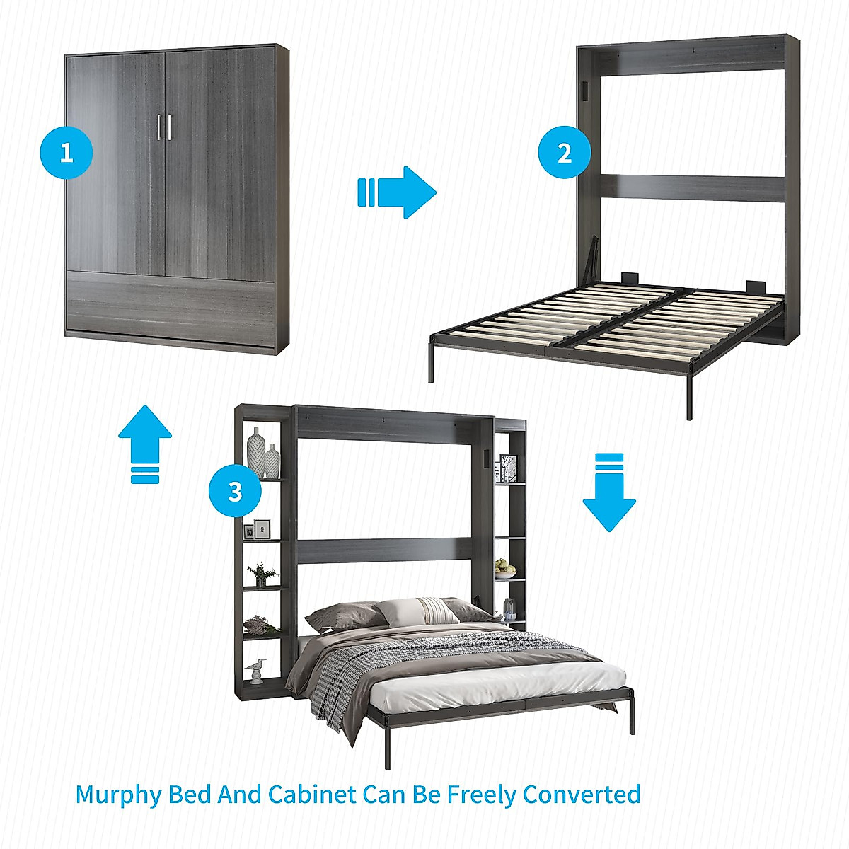 Mjkone Murphy Bed with 2 Side Cabinet, Folding Wall Bed for Bedroom, Fold Up Murphy Bed Cabinet, Queen Murphy Chest Bed Can Be Folded into a Cabinet, Storage Bed (Dark Grey, Style 1)
