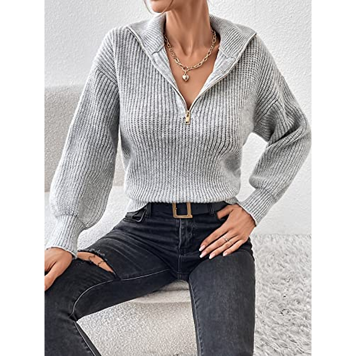 Verdusa Women's Casual Zip Up Long Sleeve Pullover Sweater V Neck Collar Knitted Top Light Grey S
