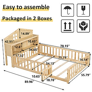 Mirightone Full House Bed with Storage Headboards and Blackboards,Versatile Full Size Platform Beds with Guard Rails,Solid Wood Floor Bed Frame for Kids,Natural