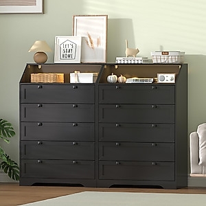 Wodeer 5 Drawer Dresser with Charging Station,LED Dresser for Bedroom,Chest of Drawers with Deep Drawers, Wood Dresser for Storage and Organization for Bedroom,Living Room, Hallway,Black