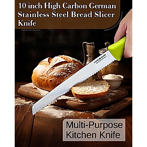 Cook N Home Bread Slicer Knife 10-Inch, Wavy Serrated High Carbon German Stainless Steel Sharp Kitchen Knife, Ergonomic Handle, Green